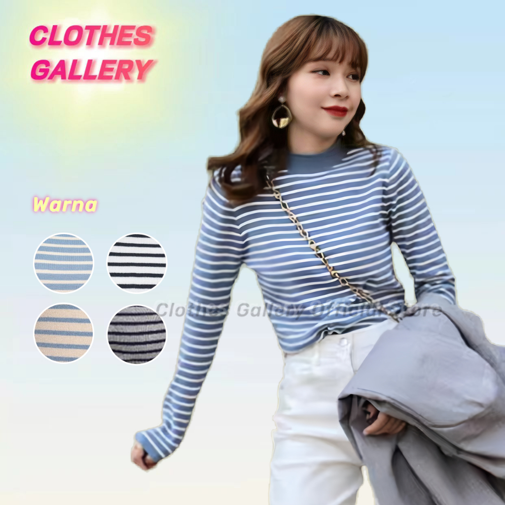 Jual ClothesGallery Baju Stripe Wanita Basic Atasan Stripe Wanita Lengan Panjang Soft Knit ...