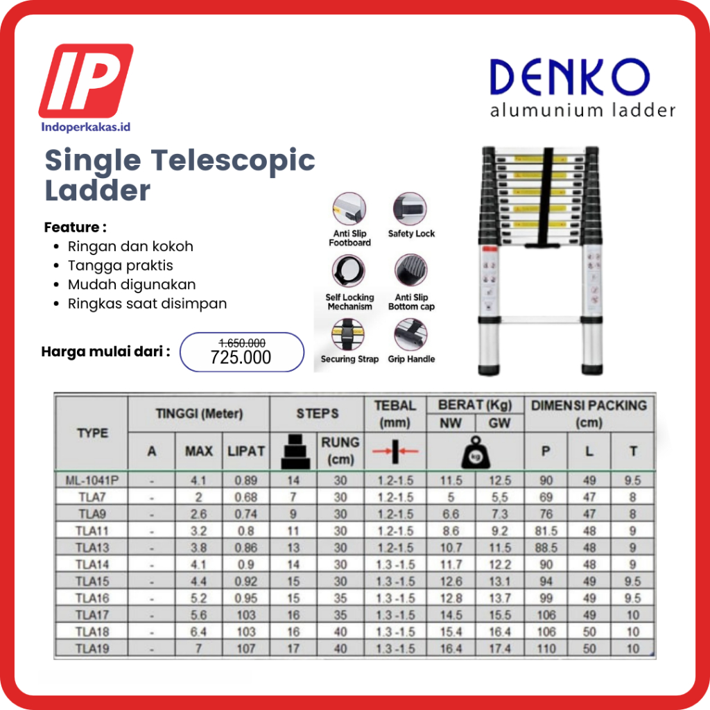Jual Denko Tangga Teleskopik Single EN131 Tinggi 2 - 7 Meter | Shopee Indonesia