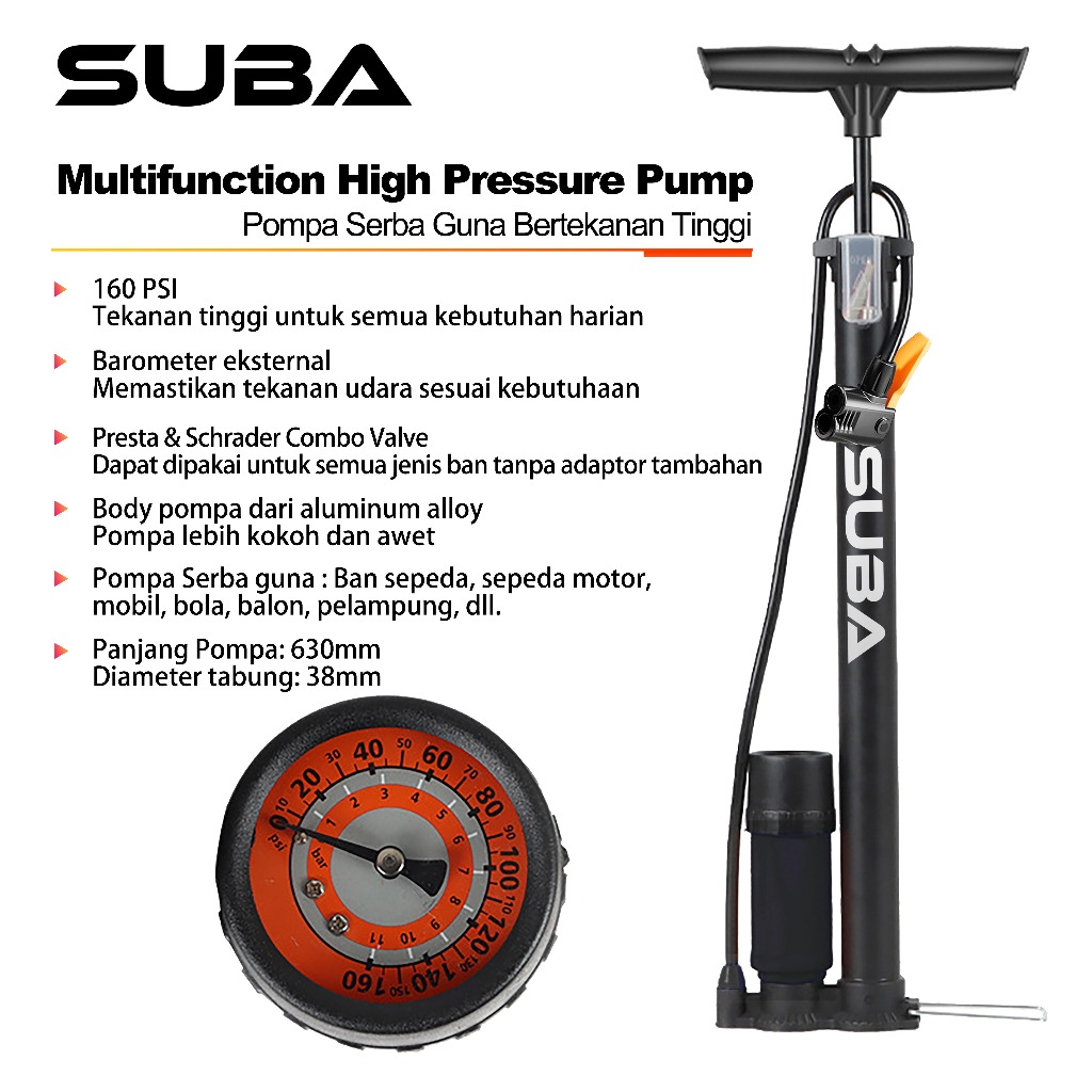 Jual SUBA 630 - Pompa Sepeda Multi Fungsi 160PSI dengan Indikator ...