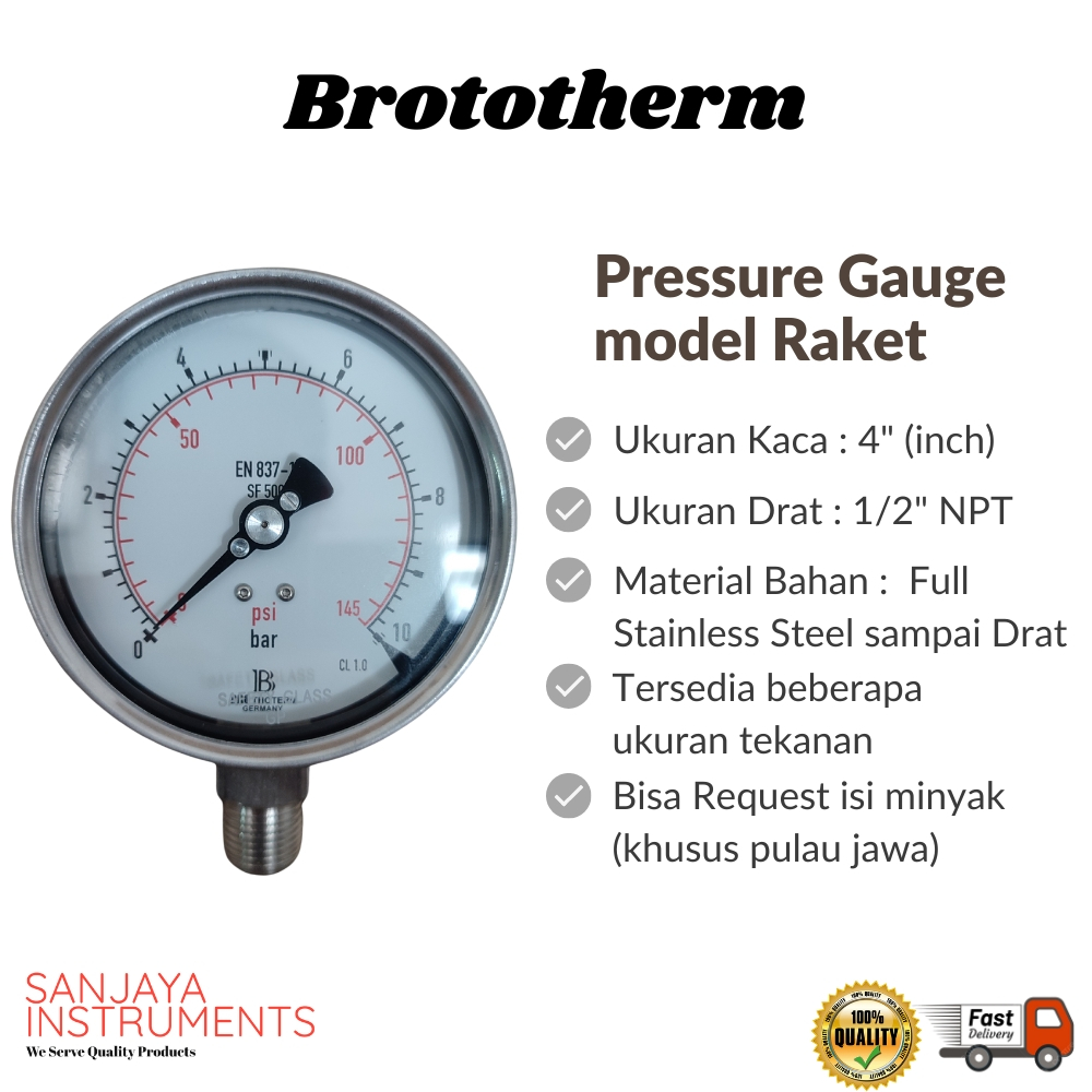 Jual BROTOTHERM Pressure Gauge 4" inch 6 - 1000 Bar drat 1/2 Manometer Stainless Steel | Shopee ...