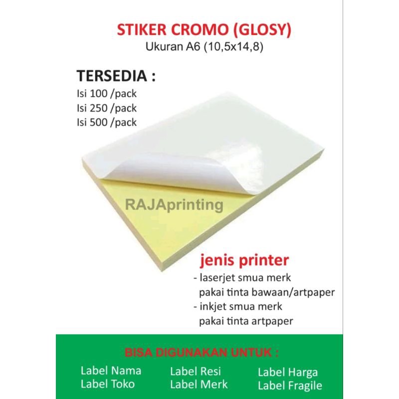 Jual Kertas Stiker Cromo A6, stiker glossy isi 100,250,500/pack ...