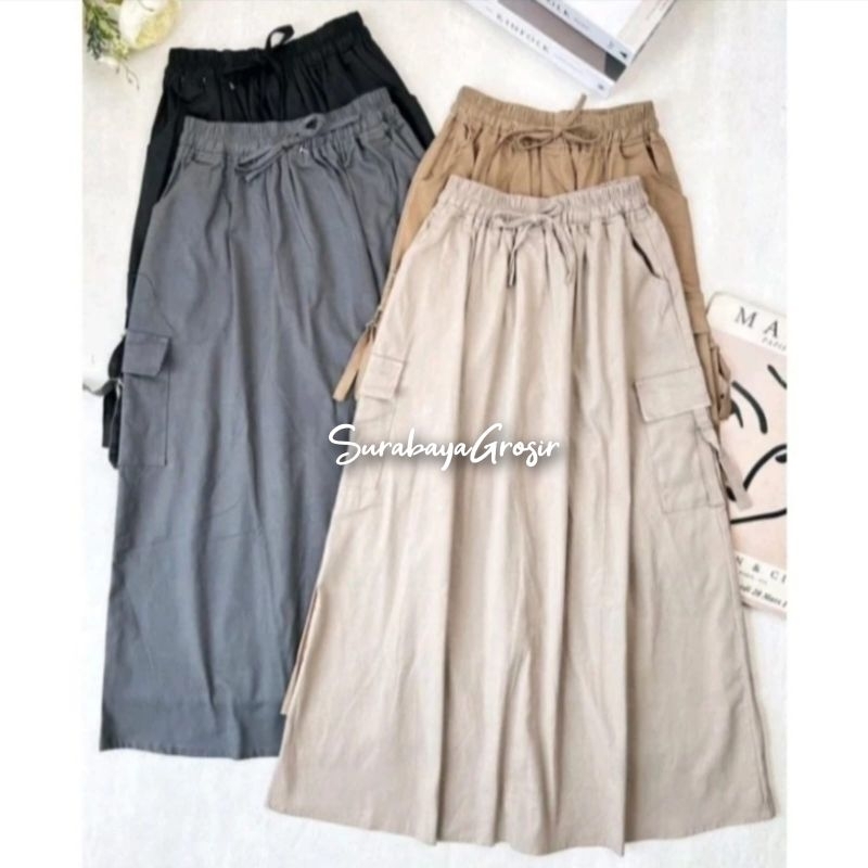 Jual Rok Cargo Wanita Panjang Model A // Rok Cargo Span Pinggang Serut ...