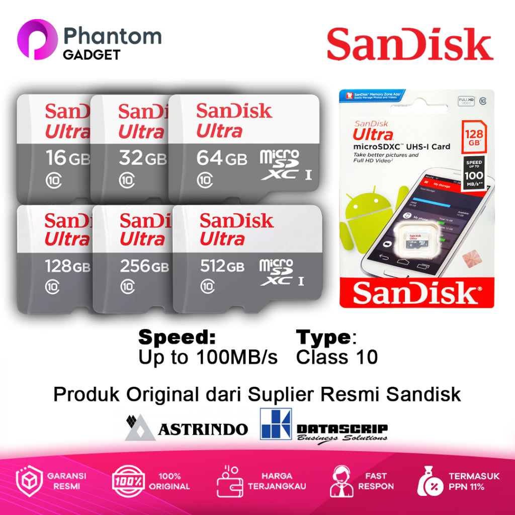 Jual Micro SD Sandisk 16Gb 32Gb 64Gb 128Gb 256Gb 512Gb Ultra 100MPS ...
