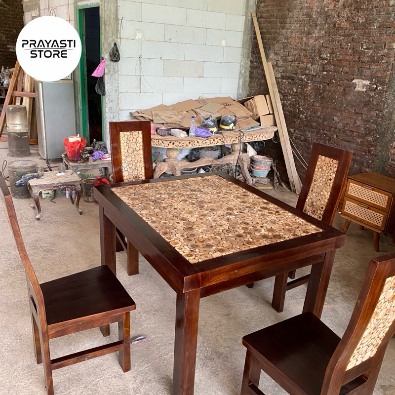 Jual meja makan minimalis kayu jati 4 kursi kayu jati tebal | Shopee Indonesia