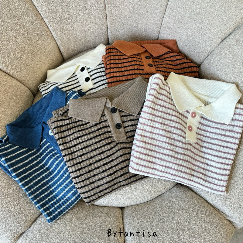 Jual Bytantisa - Blouse Polo Rajut Zahira Crop Motif Garis Berkerah ...