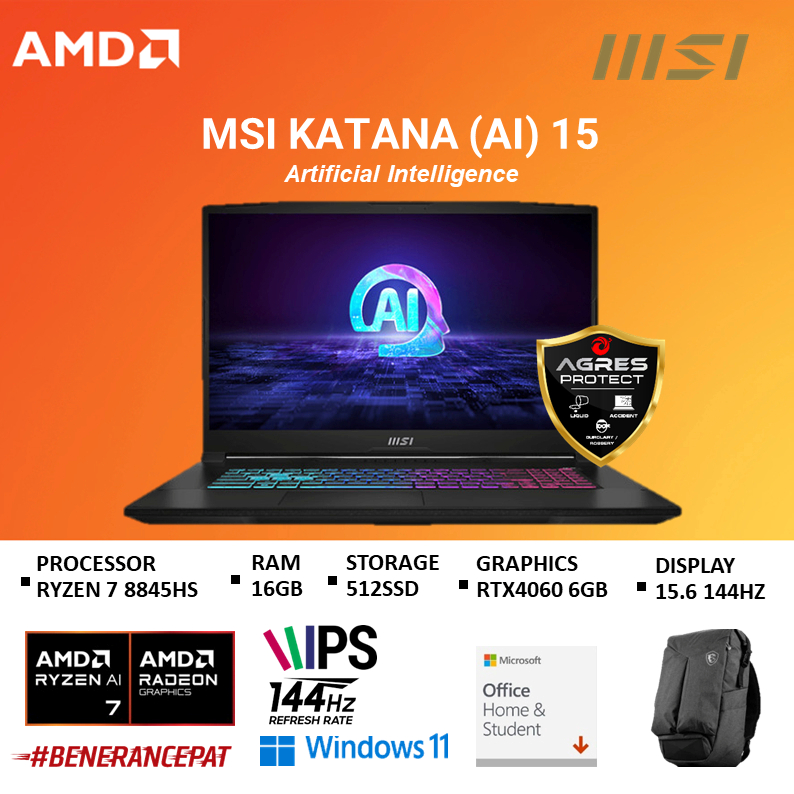 Jual MSI KATANA A15 AI RYZEN 7 8845HS RTX4060 8GB/ RAM 16GB 512GB SSD W11+OHS 15.6QHD 165HZ 2Y ...