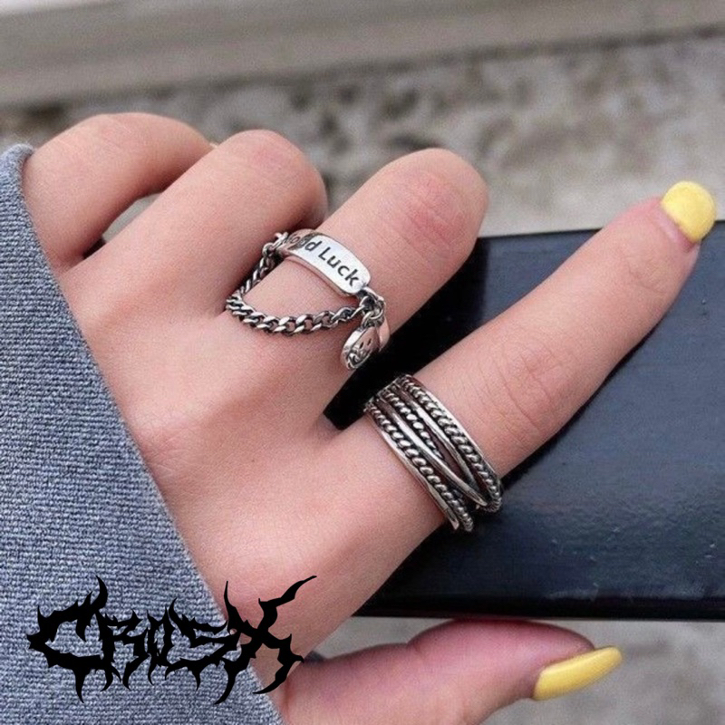 Jual WOWI RING SET / 2PCS BLACK OVAL SQUARE SMILEY CHAIN RING SET GOOD ...