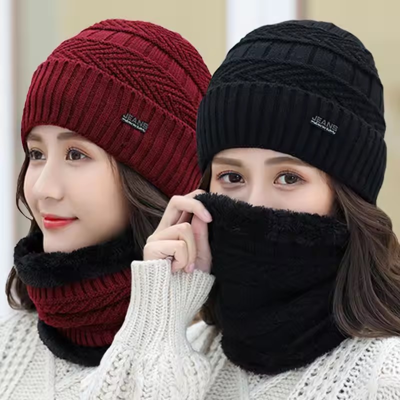 Jual Winter Hats and Scarf Set Beanie Woman Thick Wool Neck Scarf | Shopee Indonesia