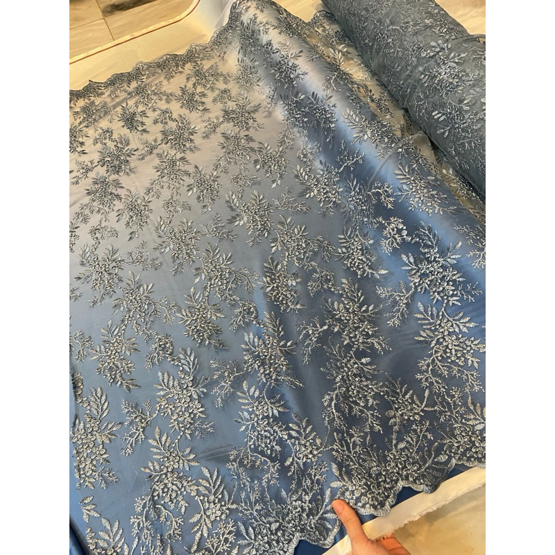 Jual Bahan Kebaya Brokat Tile Bordir Alana Series Warna Biru Denim Blue ...