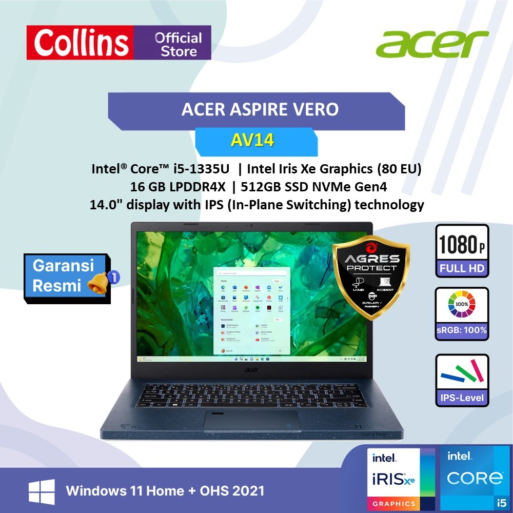Jual Acer Aspire Vero Av14-52P I5-1335U 16GB SSD 512GB 14" FHD SrGB 100 ...