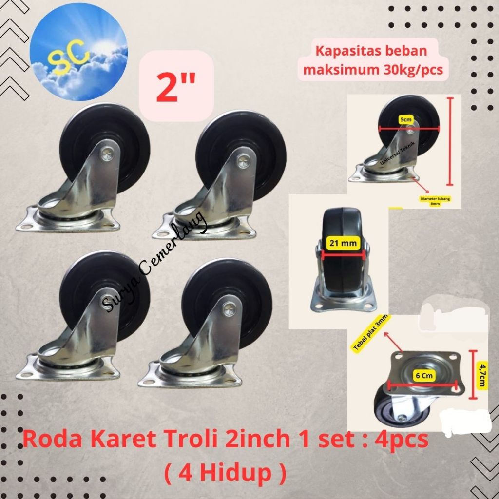 Jual Roda Troli karet 2" Troli trolley kastor 1set = 4pcs ( Hidup ...