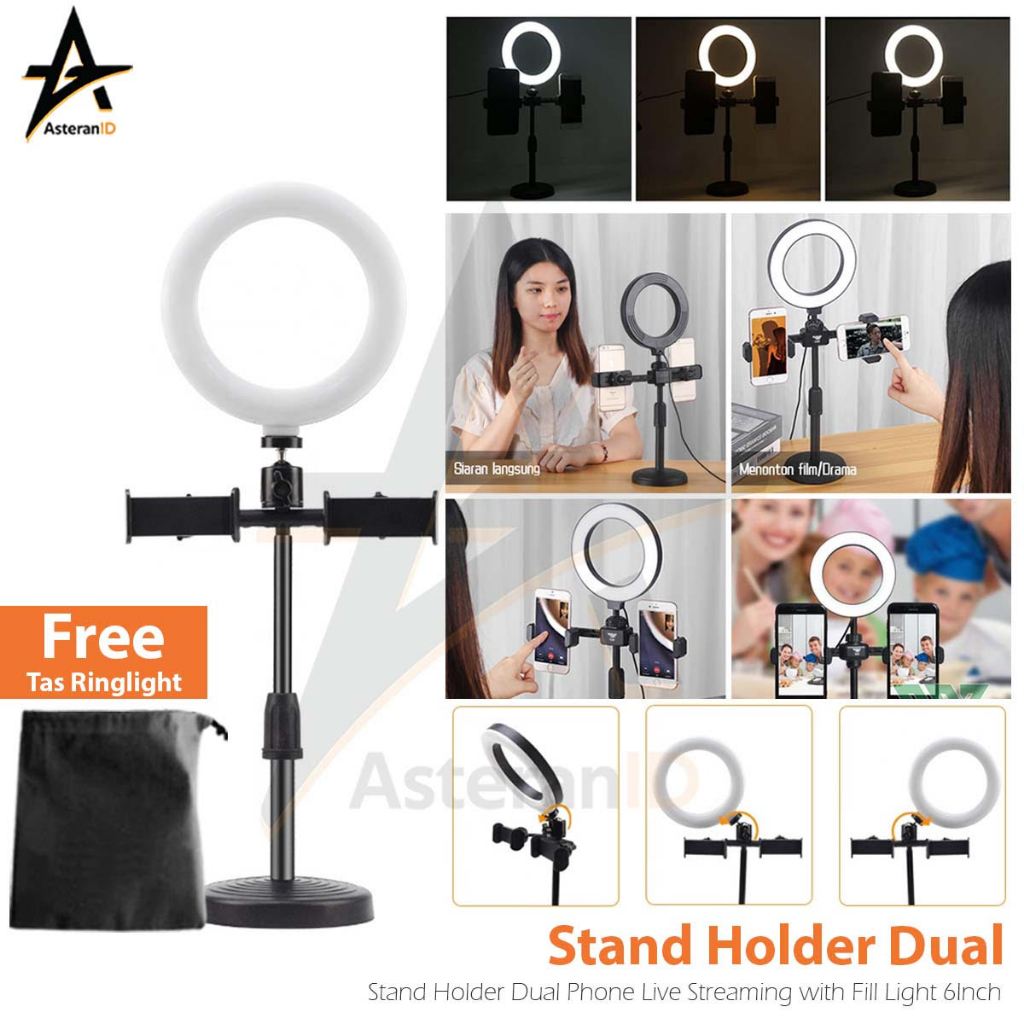 Jual Stand Holder Dual Phone Live Streaming with Fill Light 6Inch ...