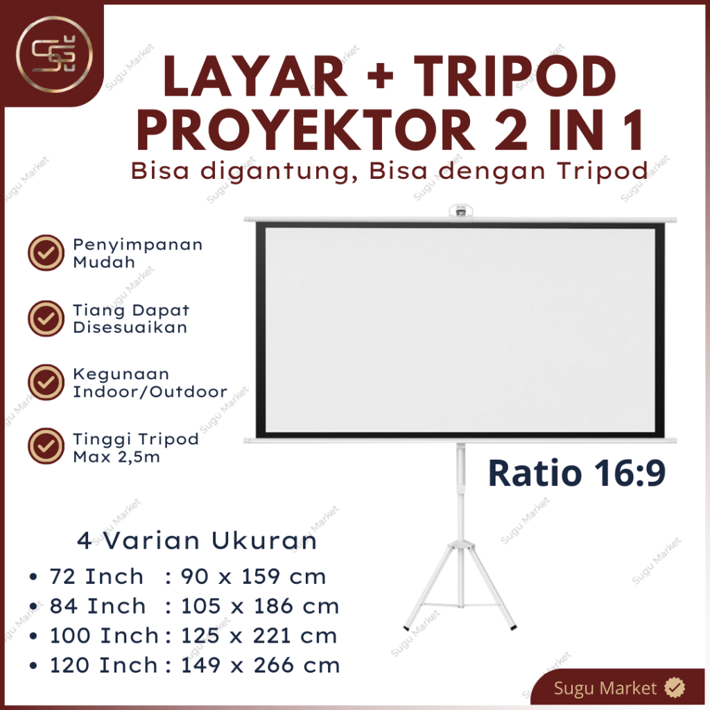 Jual Tripod Layar Proyektor Stand Screen Projector 72-84-100-120 Inch ...