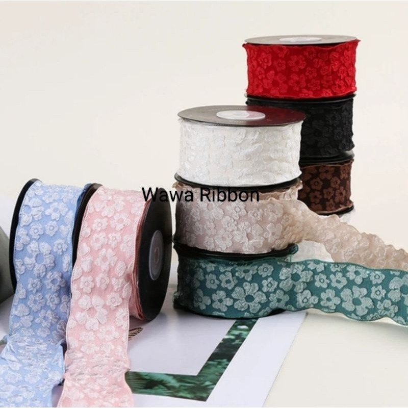 Jual Pita korea lace 148 motif bunga timbul size 4 cm per 1 yard (90 cm ...