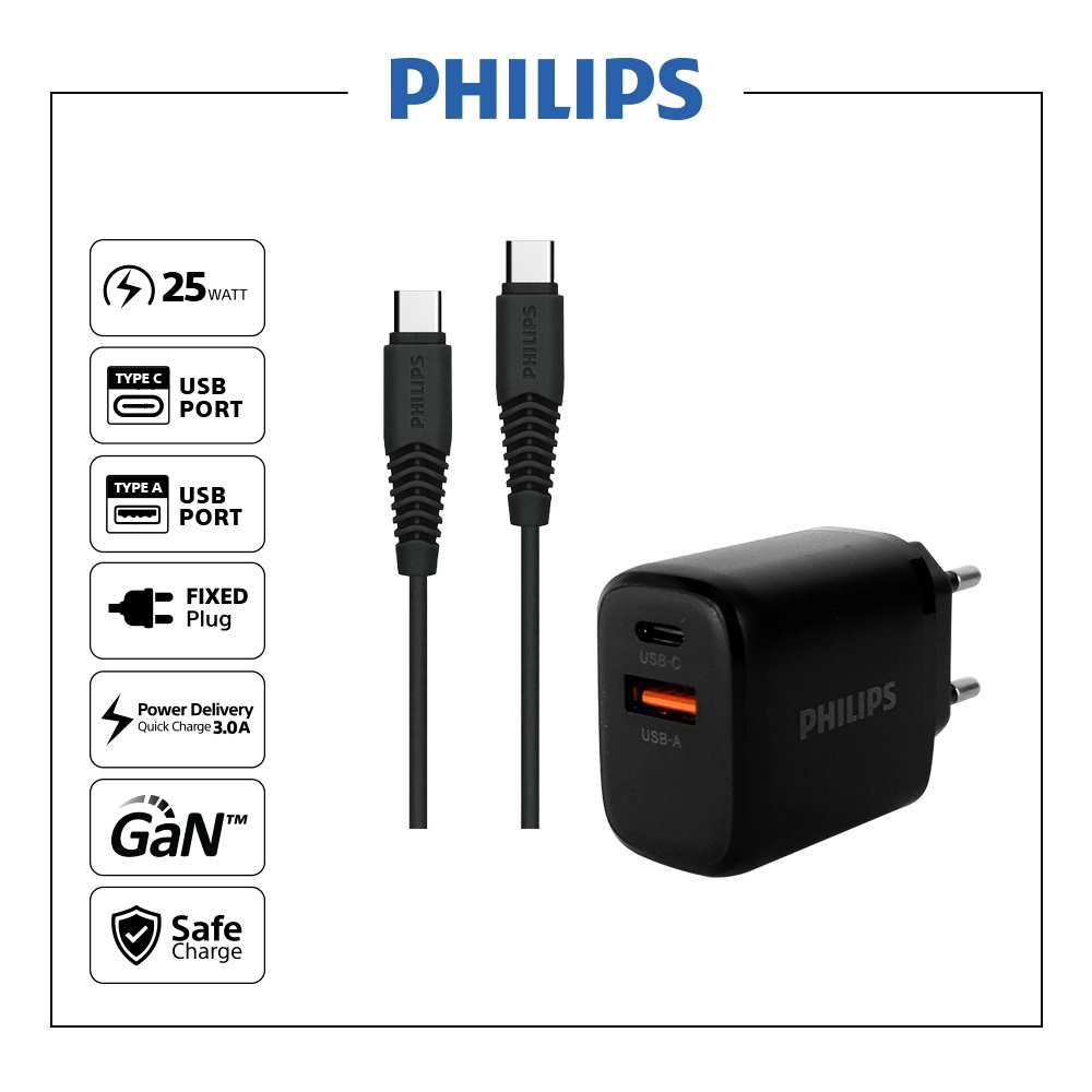 Jual Philips Set Charger DLP4318 Adaptor 25W Fast Charge + C to C cable ...