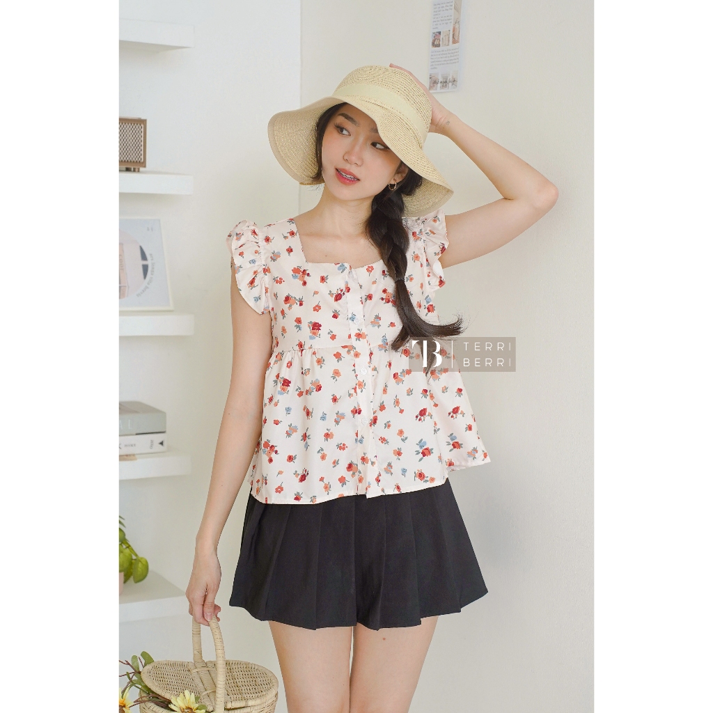 Jual Wonhee Ruffle Top Square Neck Floral Blouse | Atasan Motif Bunga ...