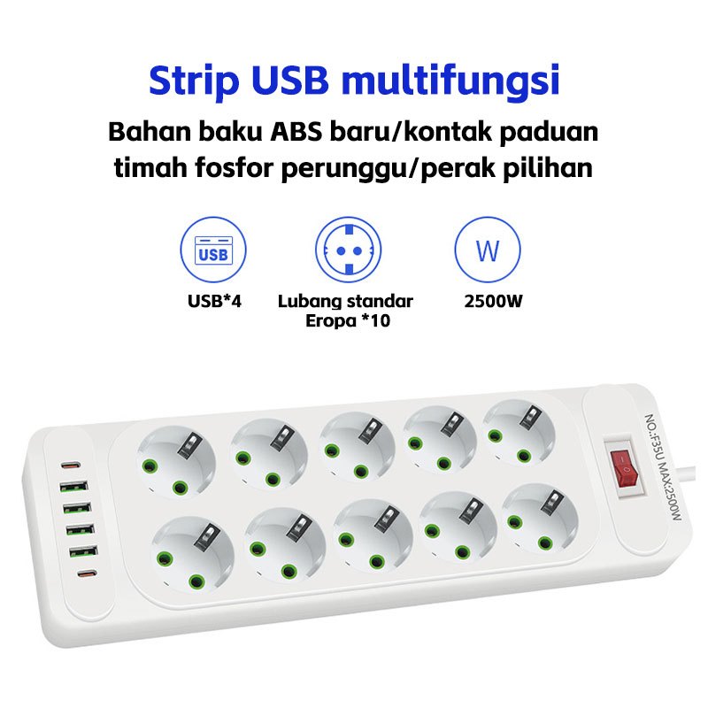 Jual PowerPort 2500W Power Strip Power Socket Stop Kontak colokan usb ...