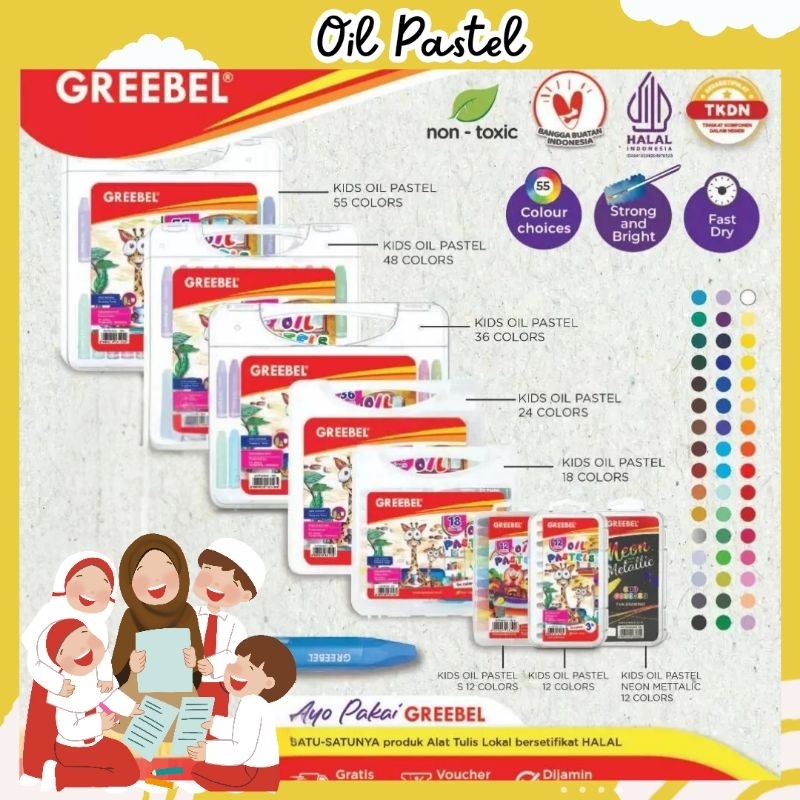 Jual GREEBEL Crayon Oil Pastel Kids 12 18 36 48 55 Warna Pekat Cerah ...