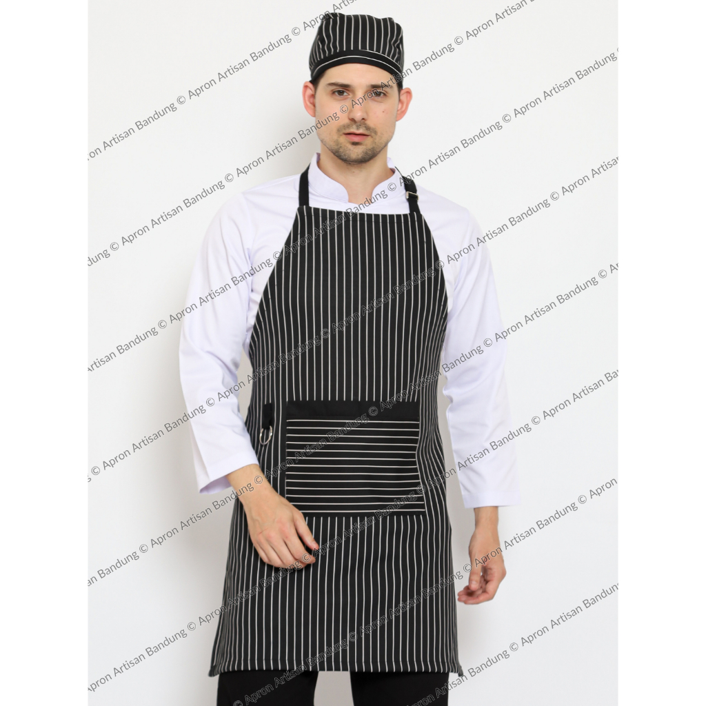 Jual Paket Pakaian Masak Topi Chef Salur dan Apron Celemek Salur Tali Kalung atau Silang Bahan ...