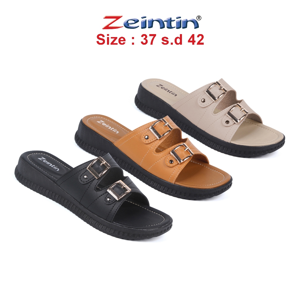 Jual Zeintin - Sandal Wanita Kulit Sintetis Hitam Sandal Selop Wedges ...