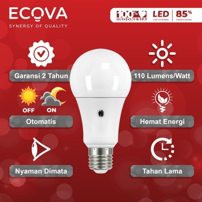 Jual Lampu LED Sensor Cahaya Bulb ECOVA 9W 12W Bohlam Fitting E27 light sensor Original Murah ...