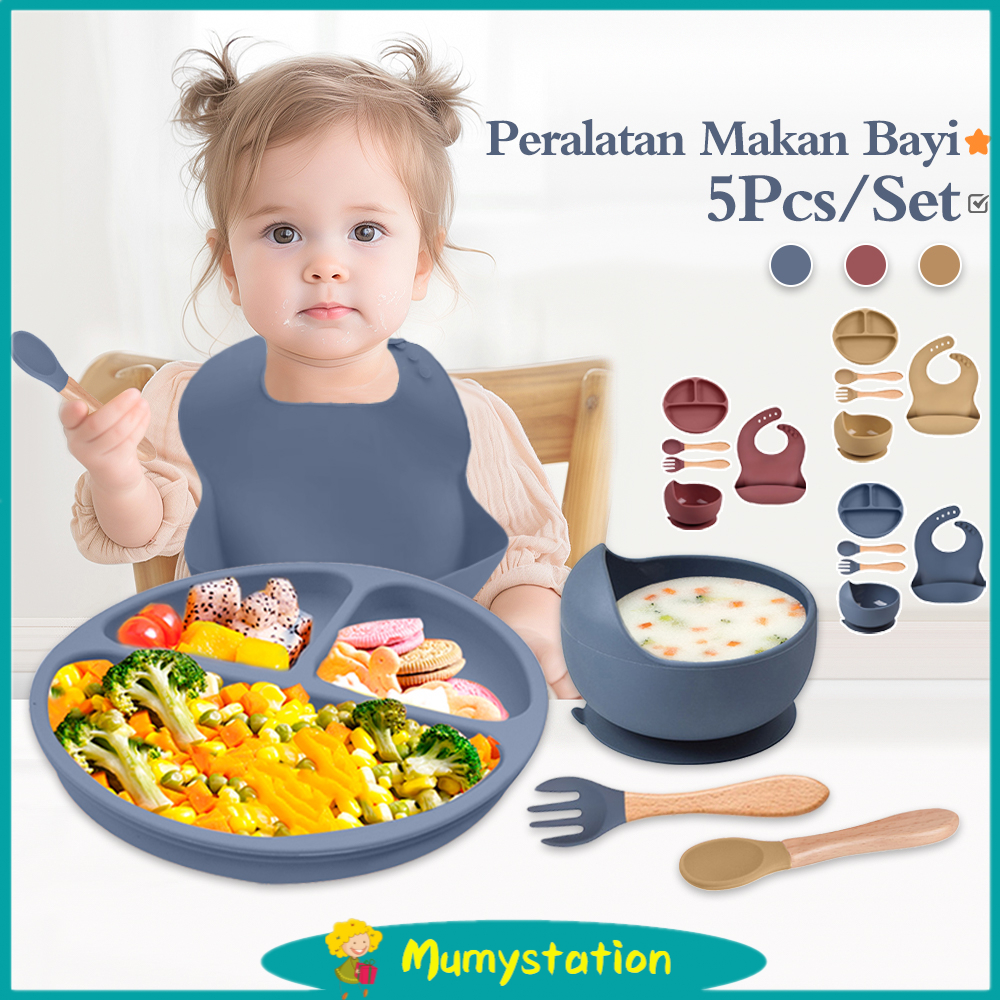 Jual Mumystation 5pcs/set peralatan makan bayi lengkap silicon alat makan celemek mpasi bayi ...