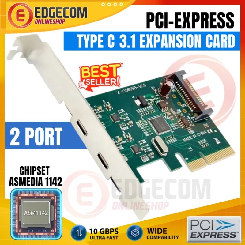 Jual PCI-e PCIe 4x USB TYPE C 3.1 Expansion Card 1 Port / 2 Port Pci ...