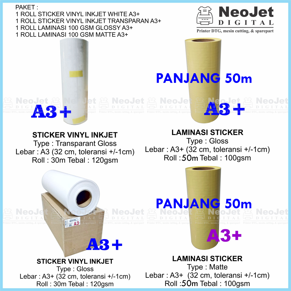 Jual Paket Sticker Vinyl Inkjet White Transparan Laminasi 100gsm Glossy ...
