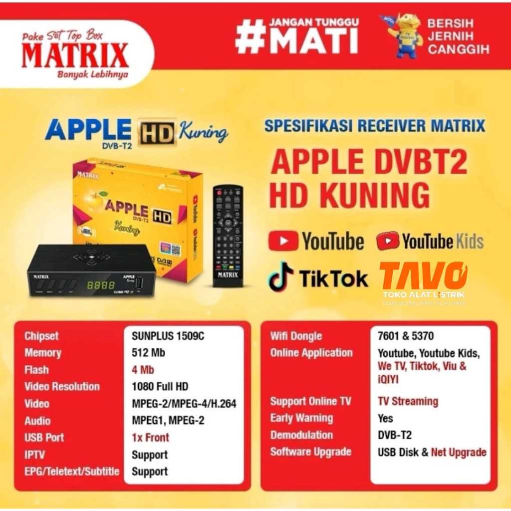 Jual Set Top Box TV Digital Matrix Apple Kuning DVB-T2 | Shopee Indonesia