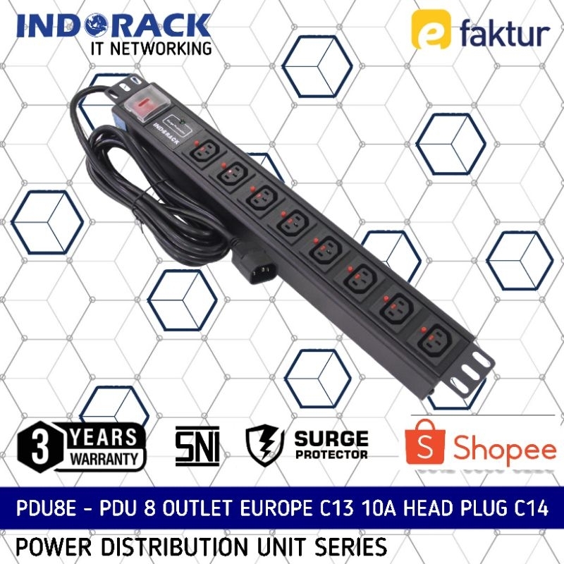 Jual PDU8E PDU INDORACK 8 Outlet 10A Europe C13 Head Plug C14 Socket Power Distribution Unit ...