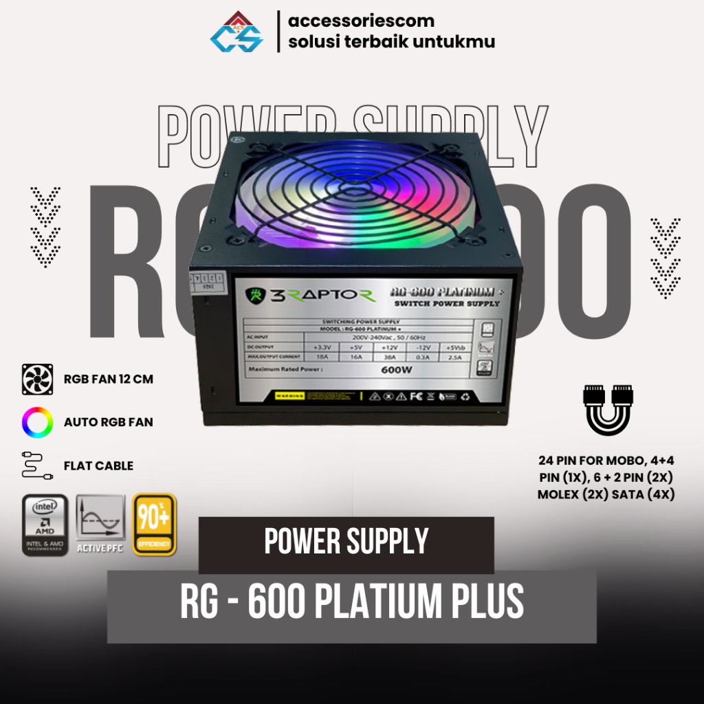 Jual Power Supply PSU Gaming 3 RAPTOR RG-600 PLATINUM+ 600 Watt Fan RGB ...