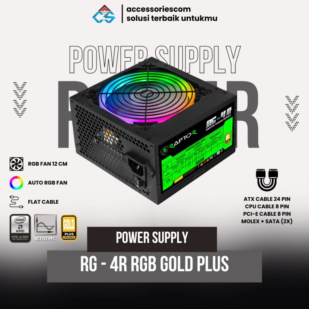 Jual Power Supply RAPTOR 400Watt RG 4R - Power Supply GAMING RGB 400W ...