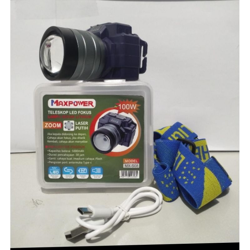 Jual Senter Kepala Zoom MX-SO1 Maxpower cahaya putih 100 wat Senter Kepala Zoom Senter Maxpower ...