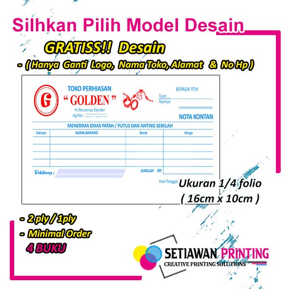 Jual cetak nota toko emas ukuran 1/4 | nota toko emas custom free ...