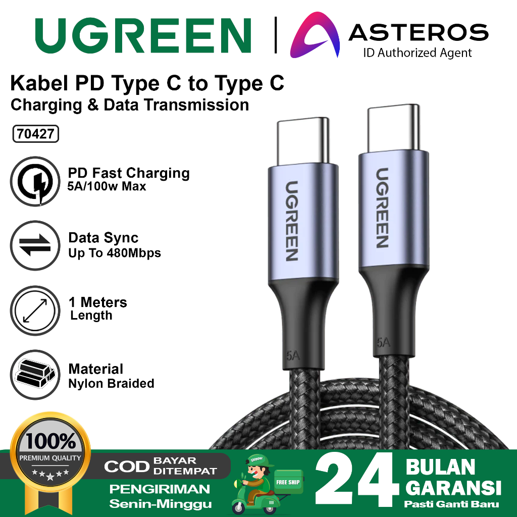 Jual UGREEN Kabel Data USB Type C to Type C Nylon Braided PD Fast Charging 100W Max 5A | Shopee ...
