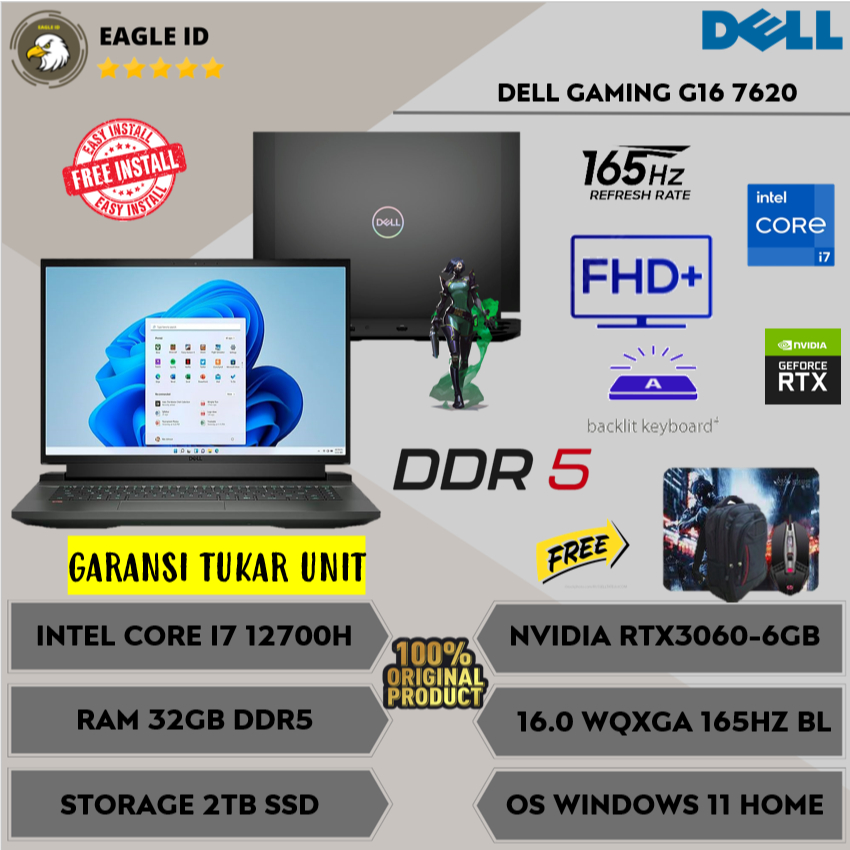 Jual Laptop Dell Gaming G16 7620 RTX3060 Intel i7 12700H RAM 32GB DDR5 2TB SSD 165HZ Windows ...