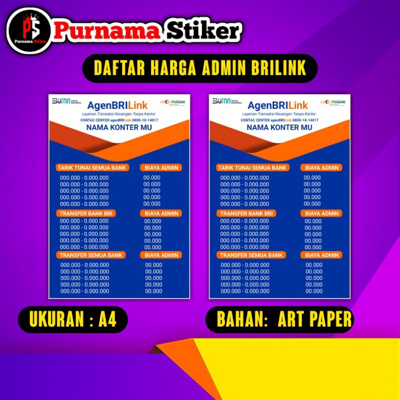 Jual stiker daftar harga admin transaksi brilink ukuran A4 Bahan art ...
