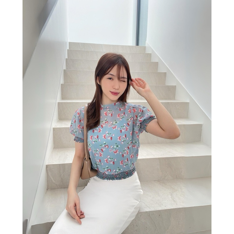 Jual Kadaka T-0442 Top Floral Blouse Atasan Cantik Wanita Bunga Mock Neck | Shopee Indonesia