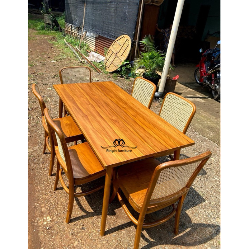 Jual Meja makan set kursi rotan minimalis kekinian kayu jati aestetic modern | Shopee Indonesia