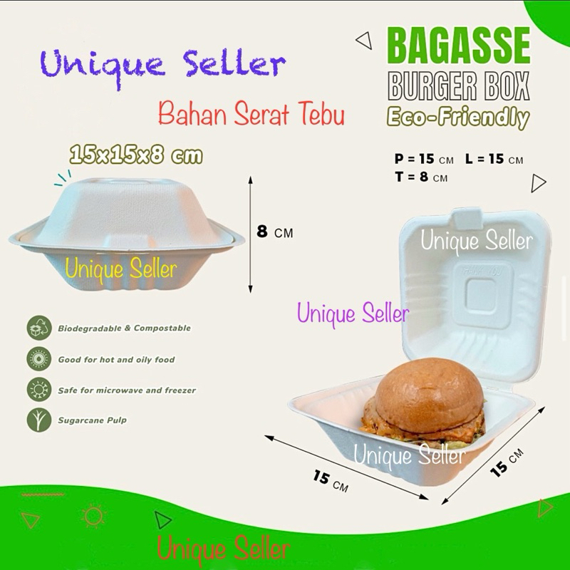 Jual Bagasse Box Bento Cake Burger 15x15x8 cm 6 inch 6” Lunchbox Small ...