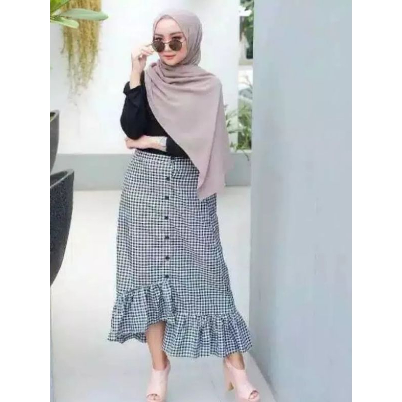 Jual Rok ruffle kotak M-L-XL rok pinggang karet rok terbaru korean ...