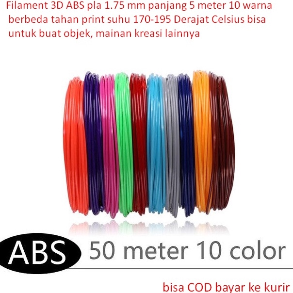 Jual Filament 3D ABS pla 175 mm panjang 5 meter 1 warna berbeda tahan print suhu 17195 Derajat ...