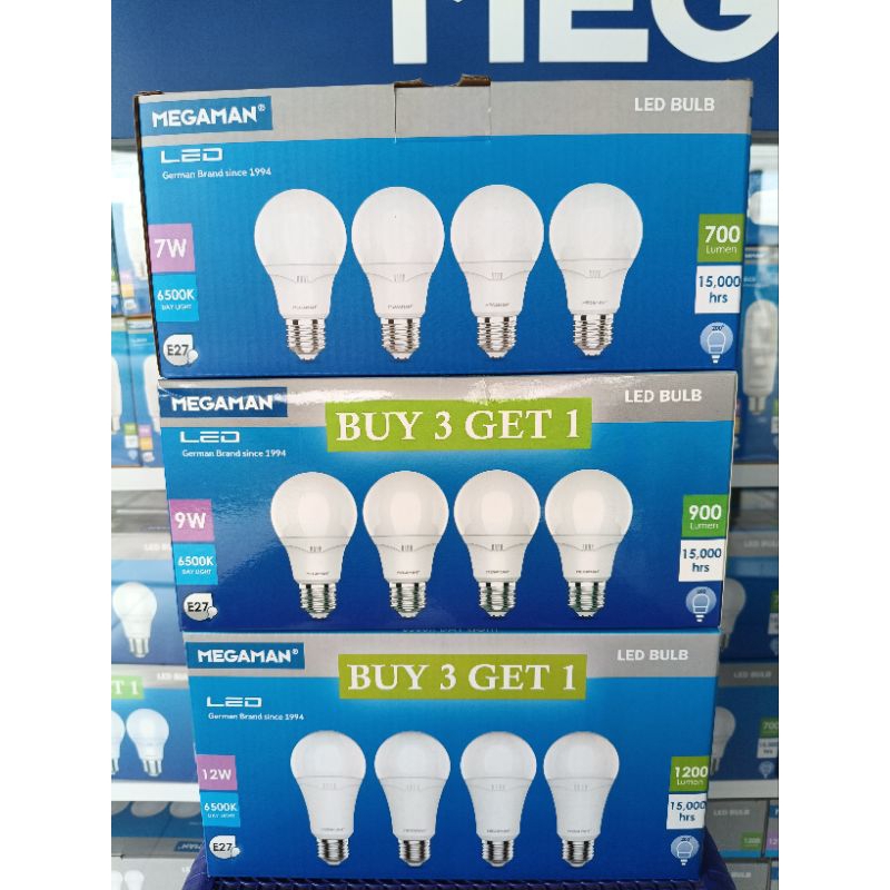 Jual LAMPU LED A BULB PAKET 3 GRATIS 1 12W 6500K CAHAYA PUTIH SNI - MEGAMAN | Shopee Indonesia