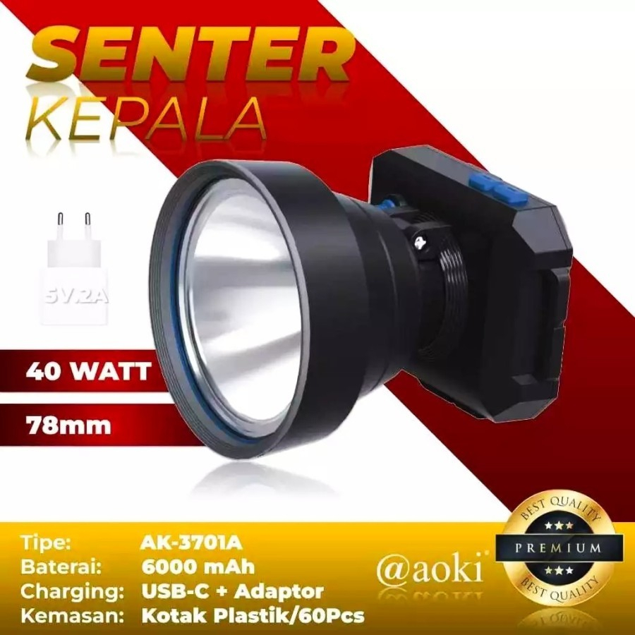 Jual SENTER KEPALA RECHAGEABLE AOKI AK-3701A LED 40W CAHAYA PUTIH ...