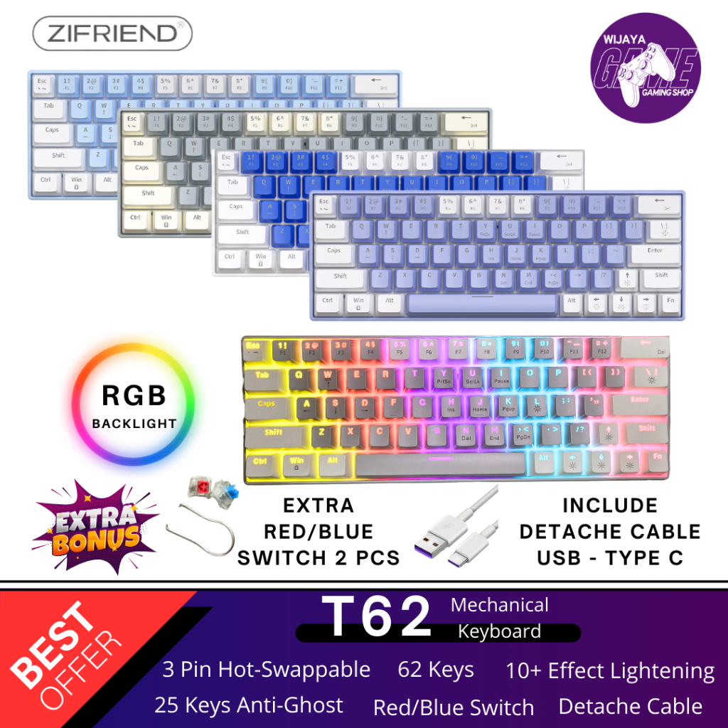 Jual ZIFRIEND T62 Mechanical Keyboard 63Keys 60% Layout Blue Red Switch RGB Backlit Hotswap ...