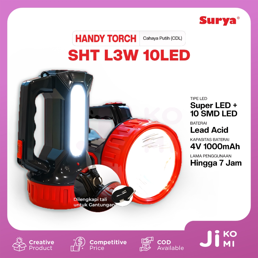 Jual Surya Lampu Senter Besar SHT L3W 10 LED Emergency 2 in 1 Rechargeable Cahaya Putih - JI ...