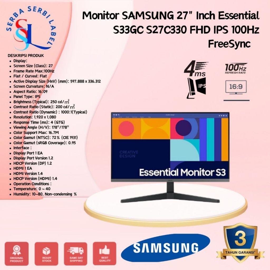 Jual Monitor SAMSUNG 27" Inch Essential S33GC S27C330 FHD IPS 100Hz ...
