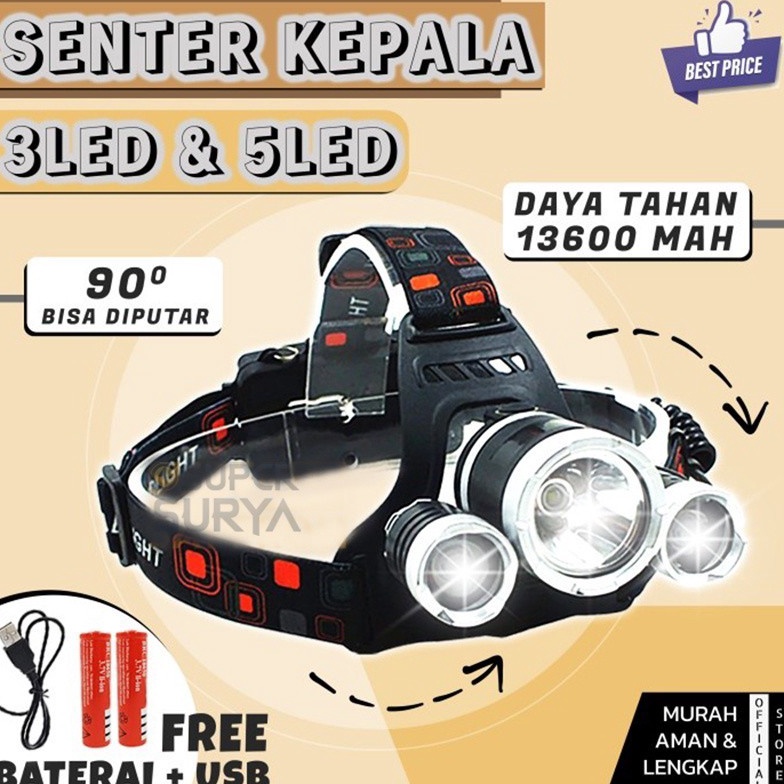 Jual Senter Kepala 3 Mata LED Super Terang Rotasi 9 45 mAh XML T6 8 ...