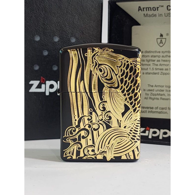 Jual Original Zippo Armor Koi Fountain Black and Gold Plated 2 sisi | Shopee Indonesia