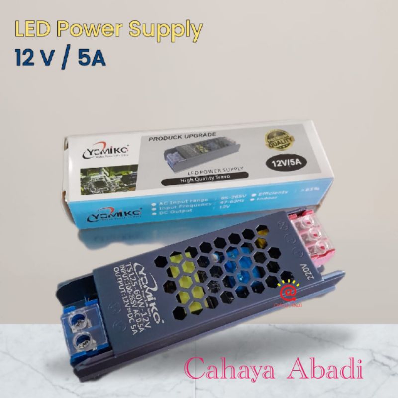 Jual Adaptor / Trafo Travo Strip LED / Power Supply Slim 12V 5A YOMIKO ...